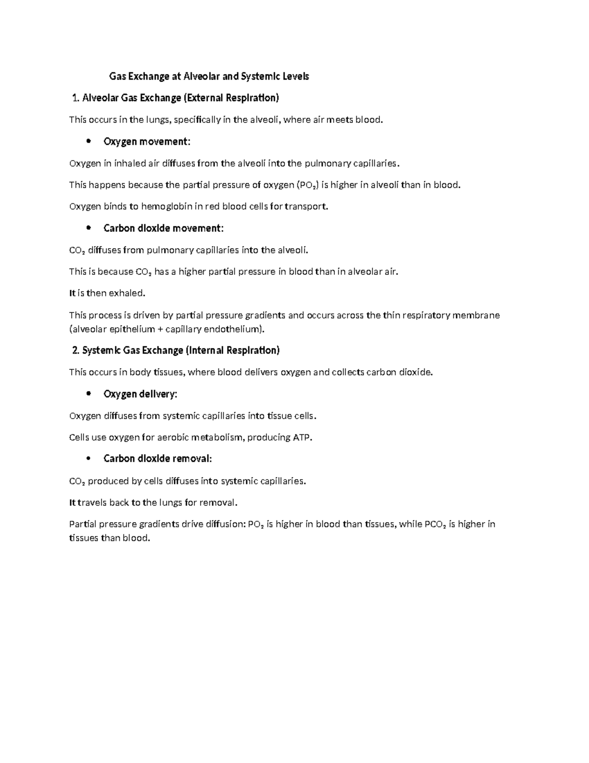 Gas Exchange: Alveolar & Systemic Levels (Bio 9) - Studocu