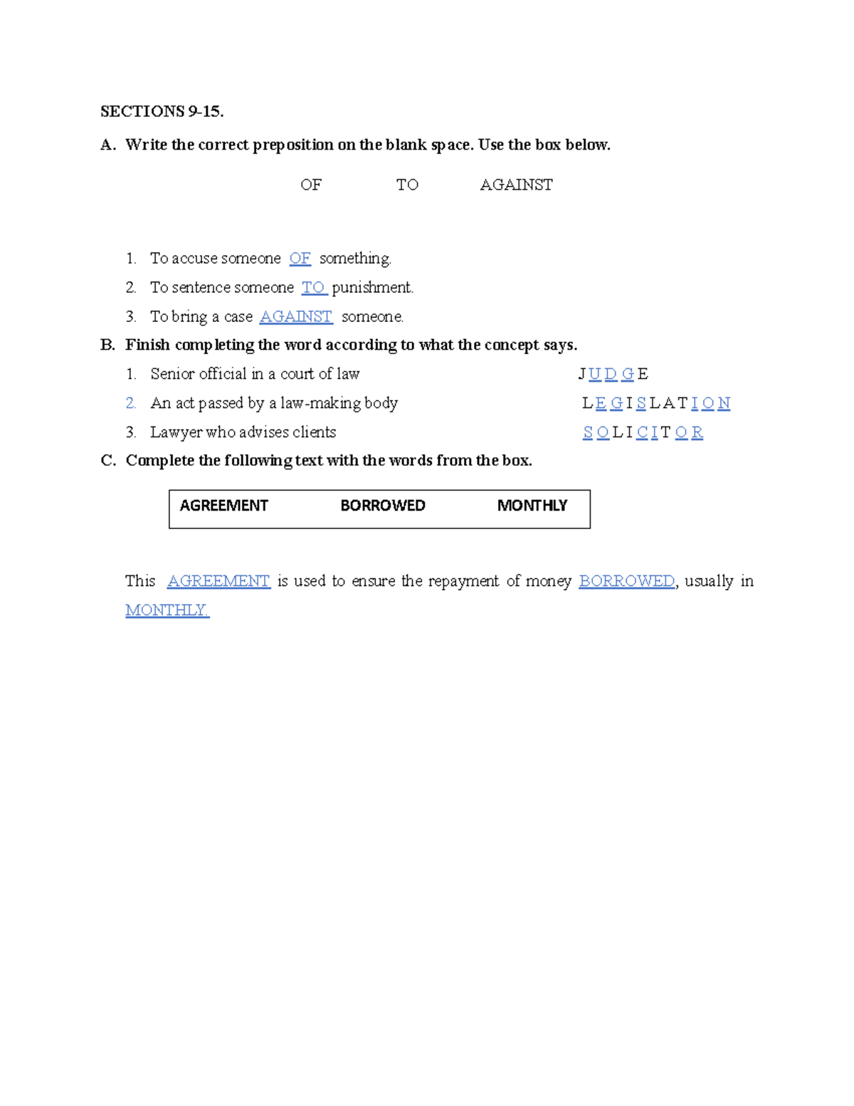 SECTIONS A-C: Prepositions, Legal Terms, and Agreements - Actividad en ...