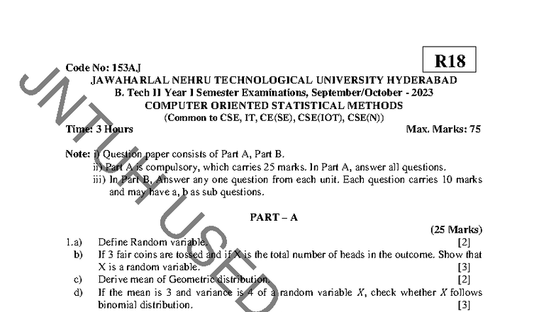 B.Tech II Year I Sem Exam 2023: Computer Oriented Statistical Methods ...