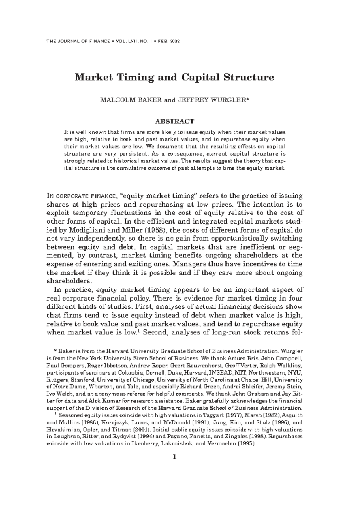 Market Timing and Capital Structure: Insights from Baker (2002) - Studocu