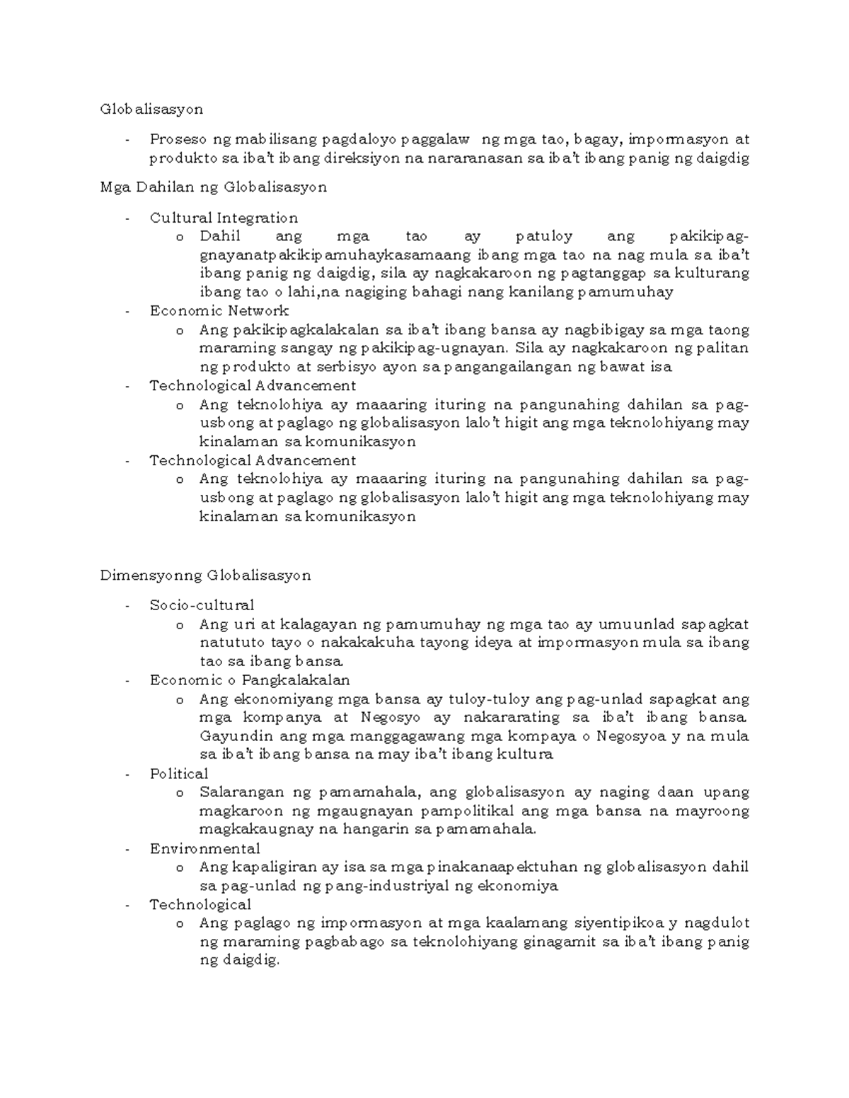 AP10-Reviewer-Q2: Globalisasyon at ang Epekto nito sa Lipunan - Studocu