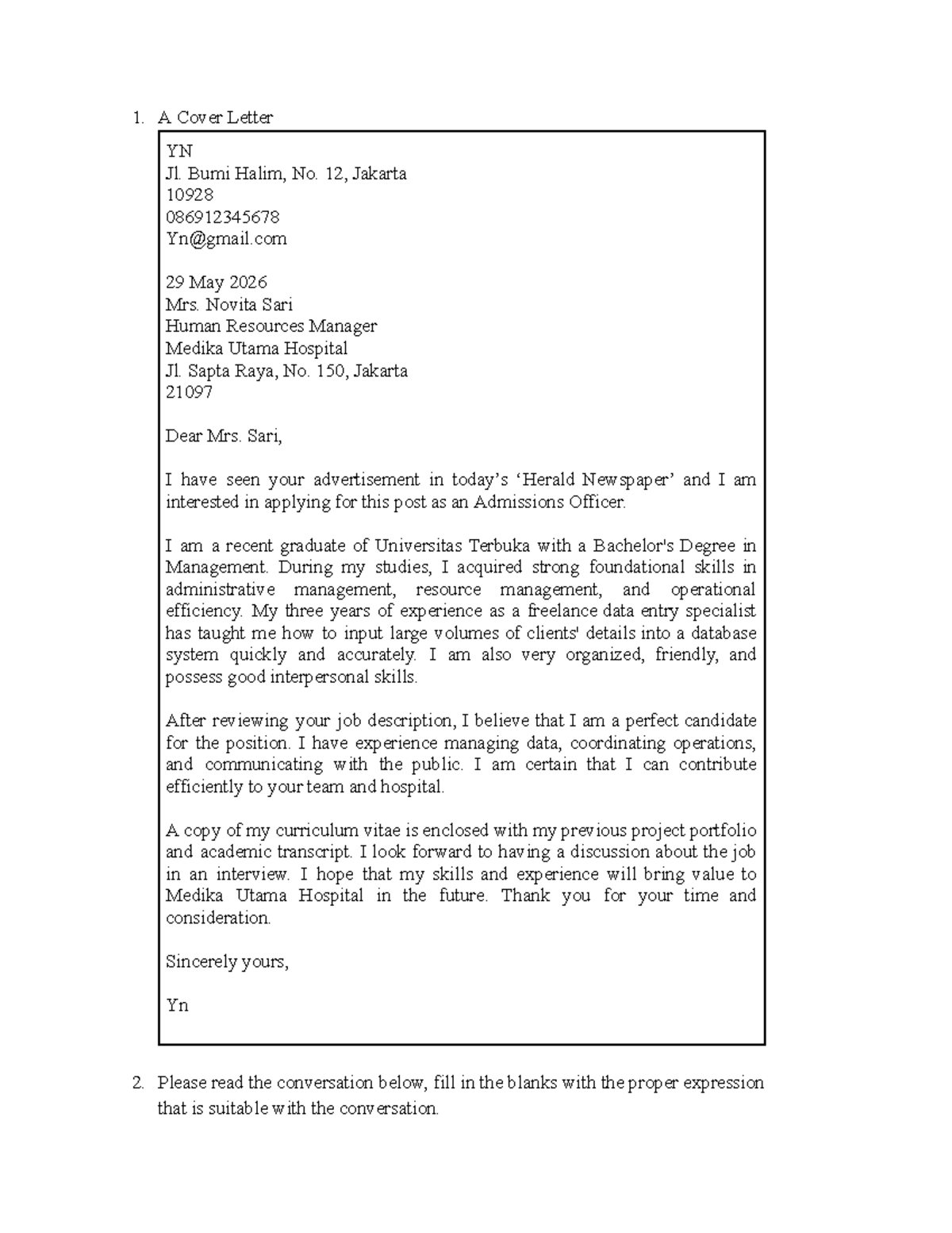 Tugas 3: Cover Letter & Dialogue Analysis MKDI4201 - Studocu