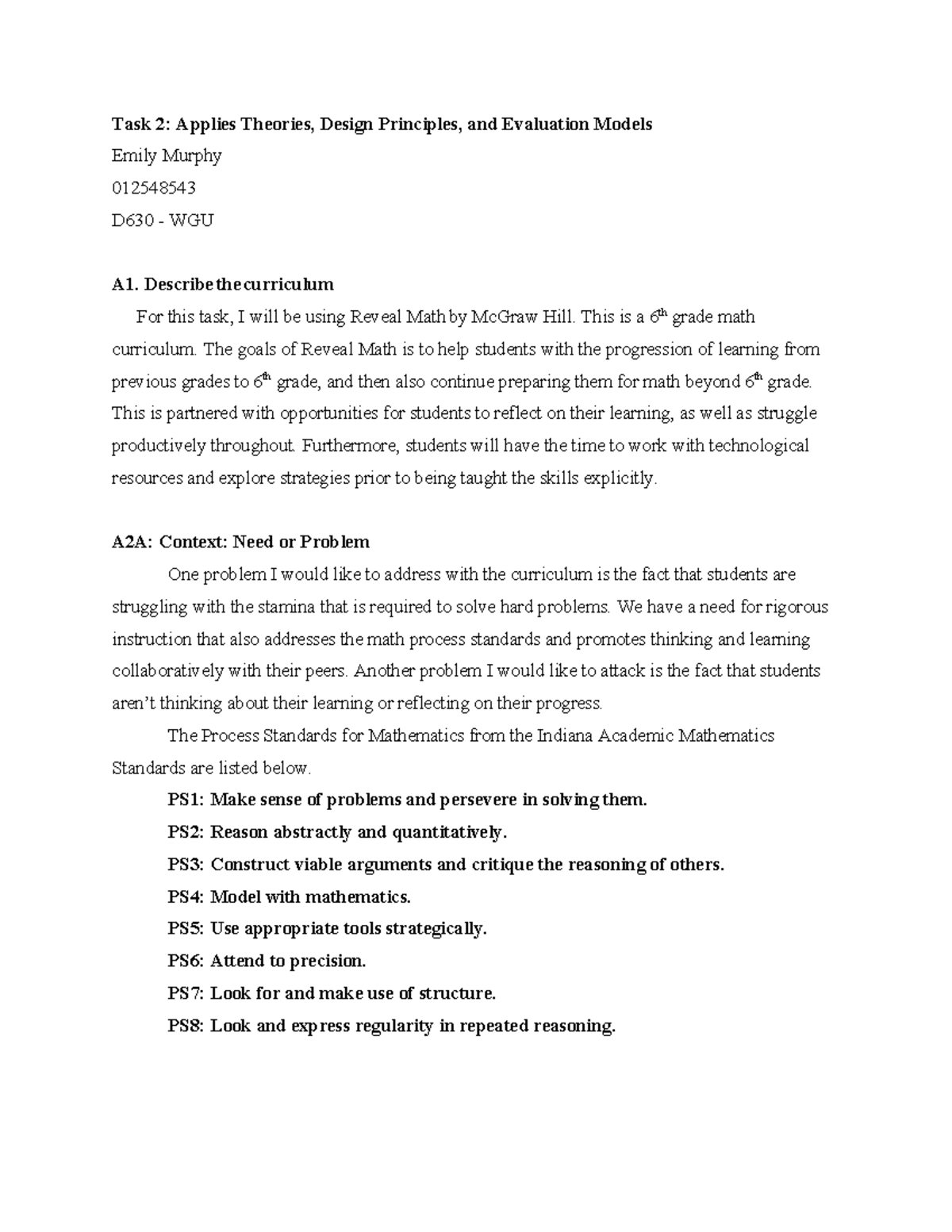 D630 Task 2 - Curriculum Evaluation of Reveal Math for 6th Grade - Studocu