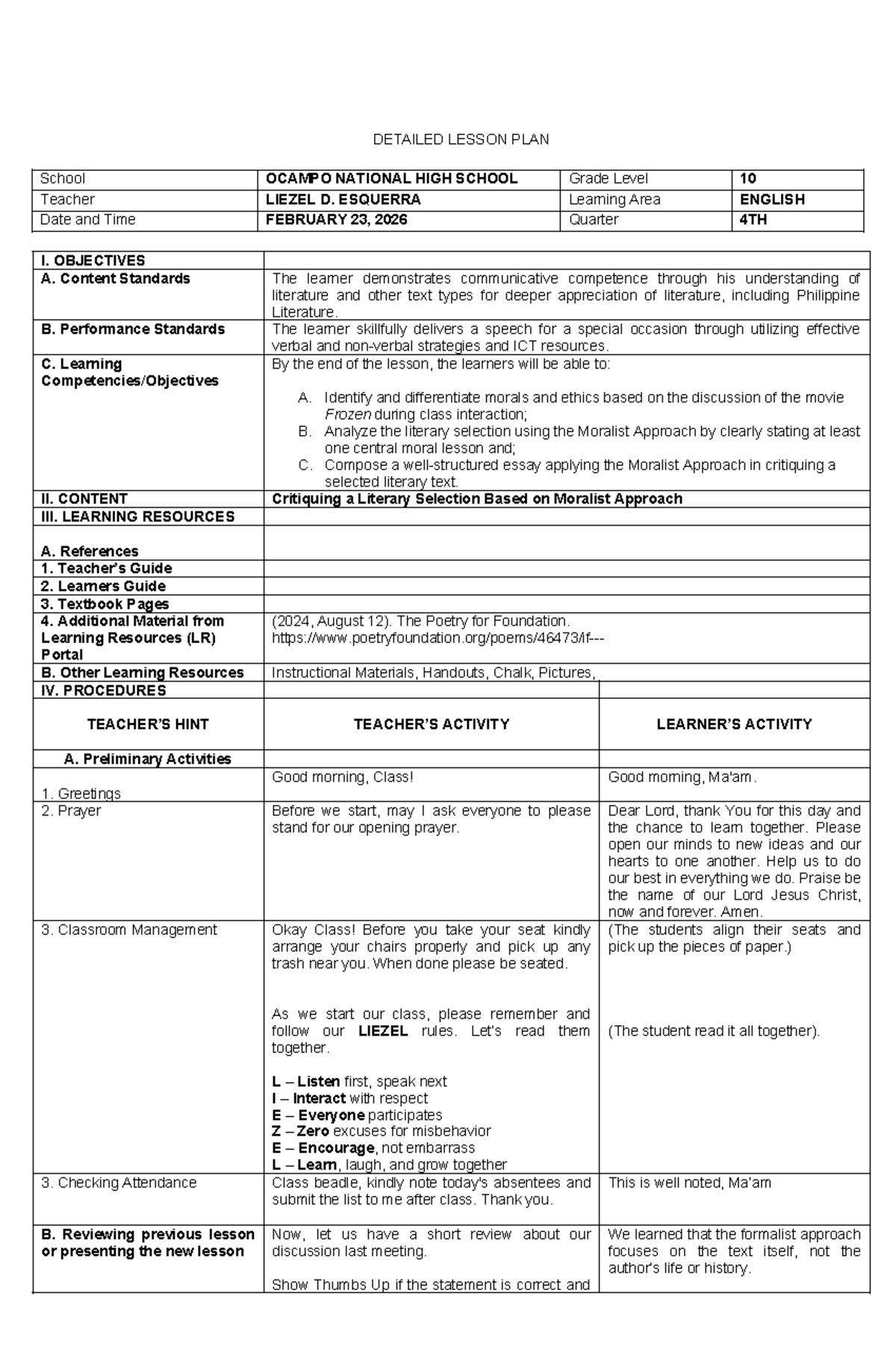 LP-ENGLISH 10: Detailed Lesson Plan on Moralist Approach - Studocu