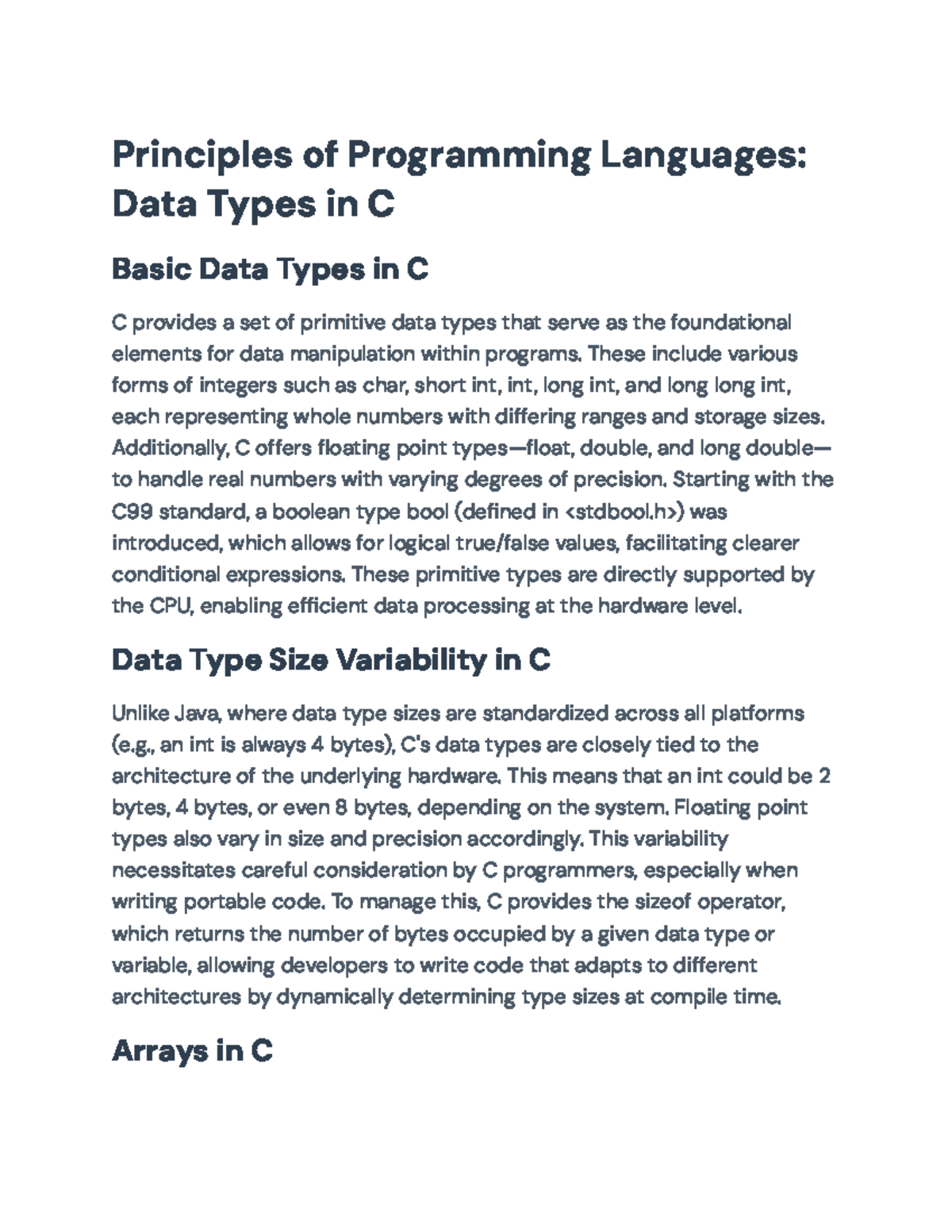 Principles of Programming Languages: Data Types & Memory Management in C - Studocu