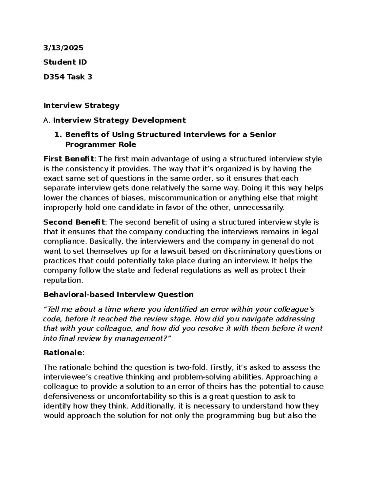 Talenta Acquisition D354 Task 3 - 3/13/ Student ID D354 Task 3 ...