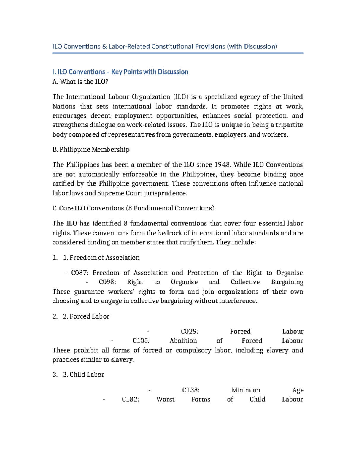 ILO Conventions & Constitutional Provisions: Key Points Discussed - Studocu