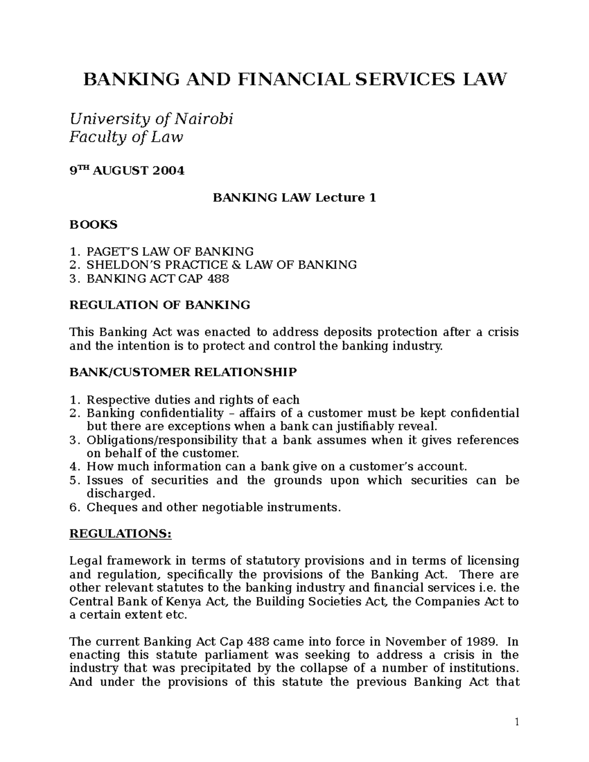 Banking Law Notes - UON Lecture Overview on Financial Services - Studocu