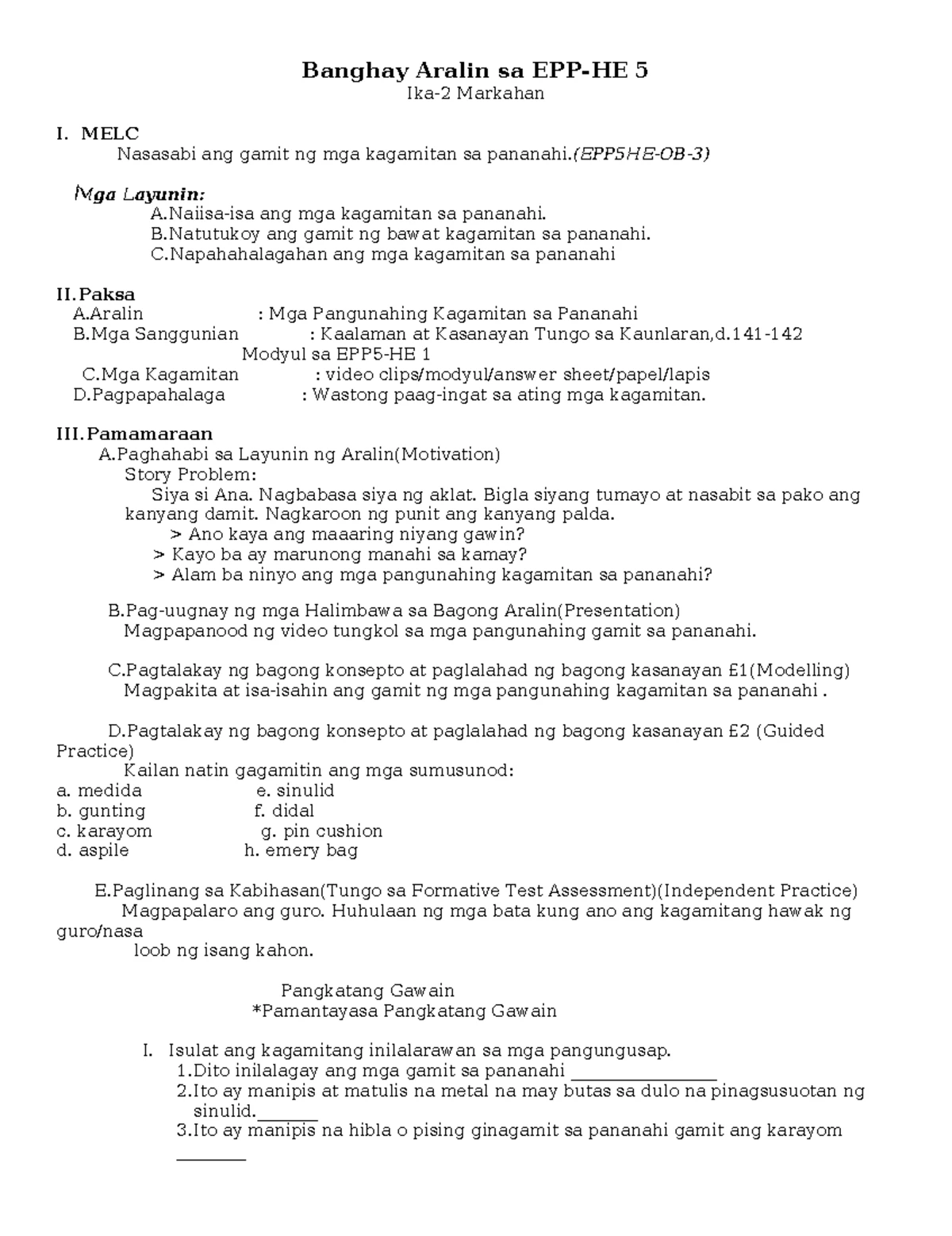 Salitang Kilos: Banghay Aralin sa Filipino 1 (F1WG-IIIe-g-5) - Studocu
