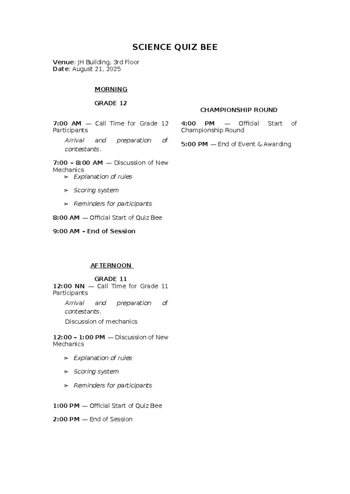 SCIENCE QUIZ BEE PROGRAM - GRADE 11 & 12 CHAMPIONSHIP - Studocu