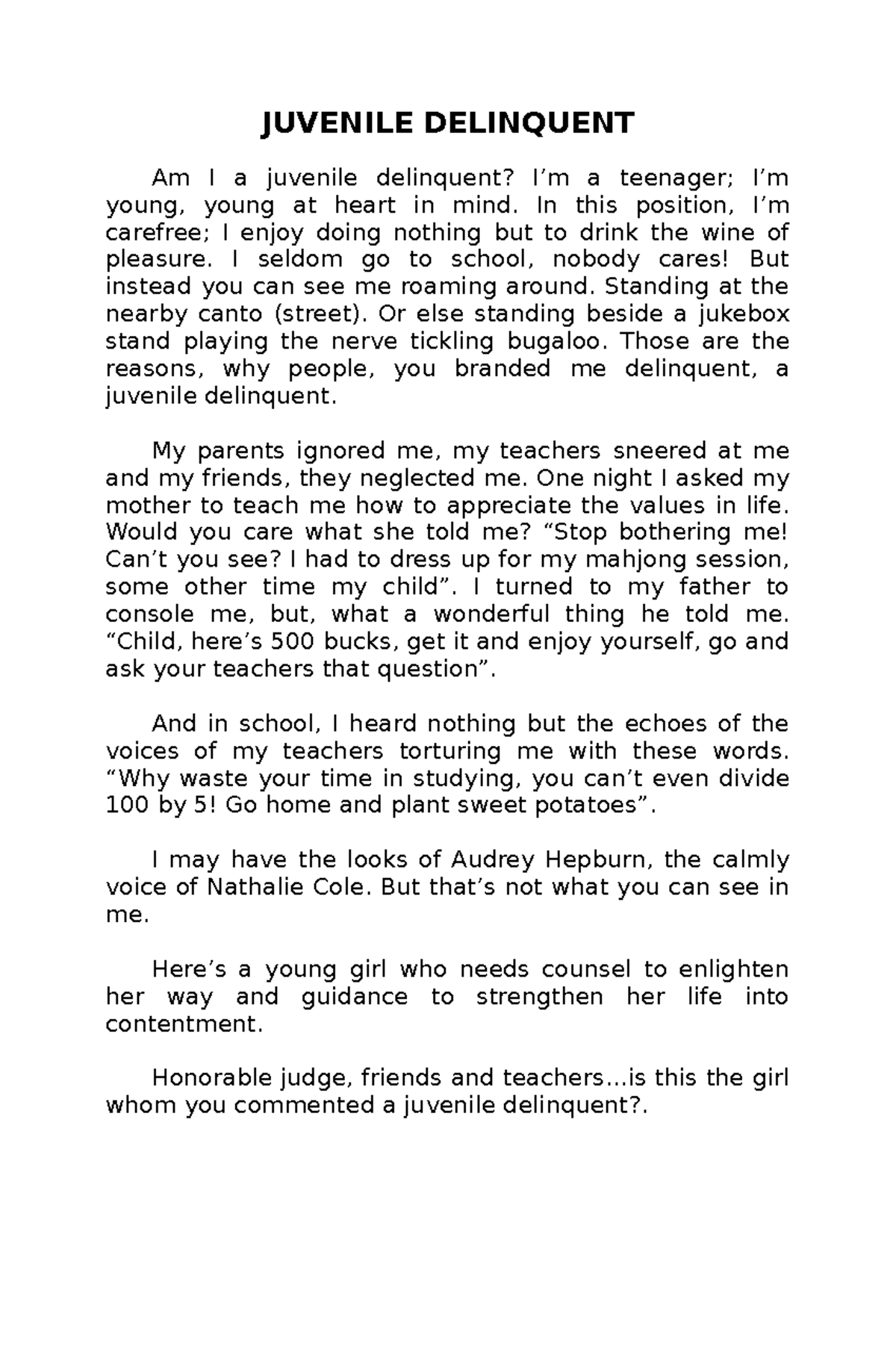 Juvenile Delinquency Reflections - Declamation Insights - Studocu