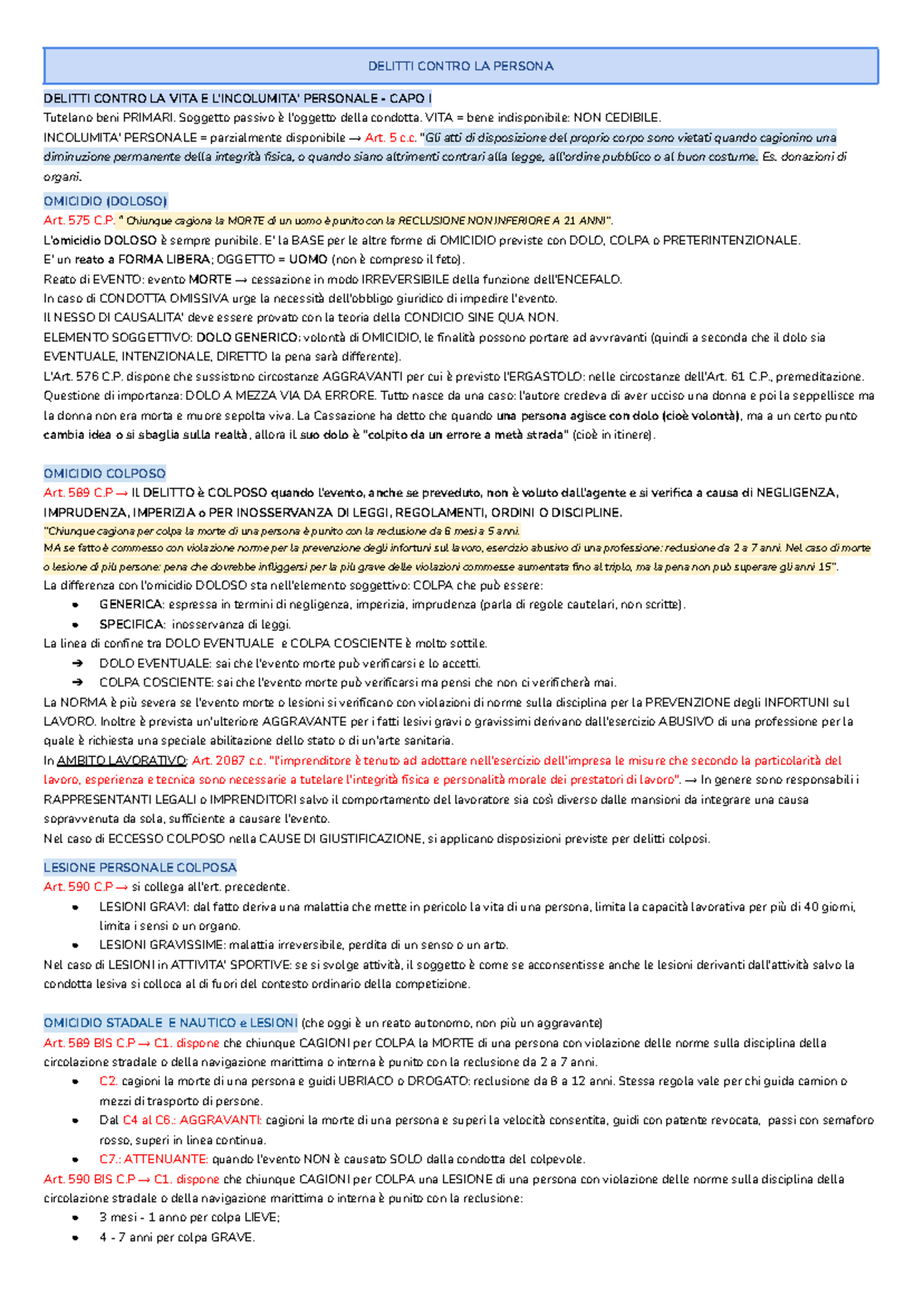 DELITTI CONTRO LA PERSONA: Analisi e Normativa (C.P. e C.C.) - Studocu