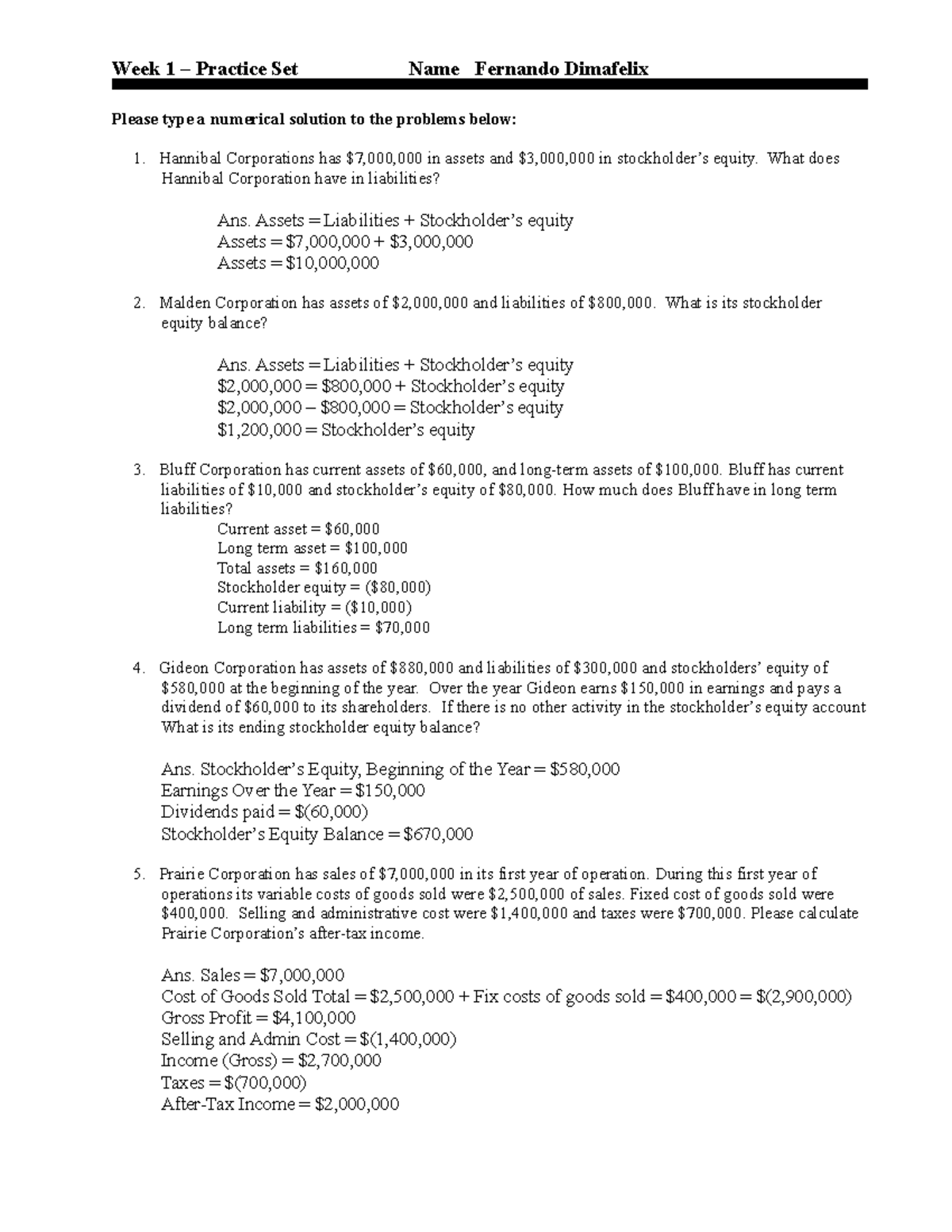 WF222 MBA W1 Week 1 Practice Set Solutions and Answers - Studocu