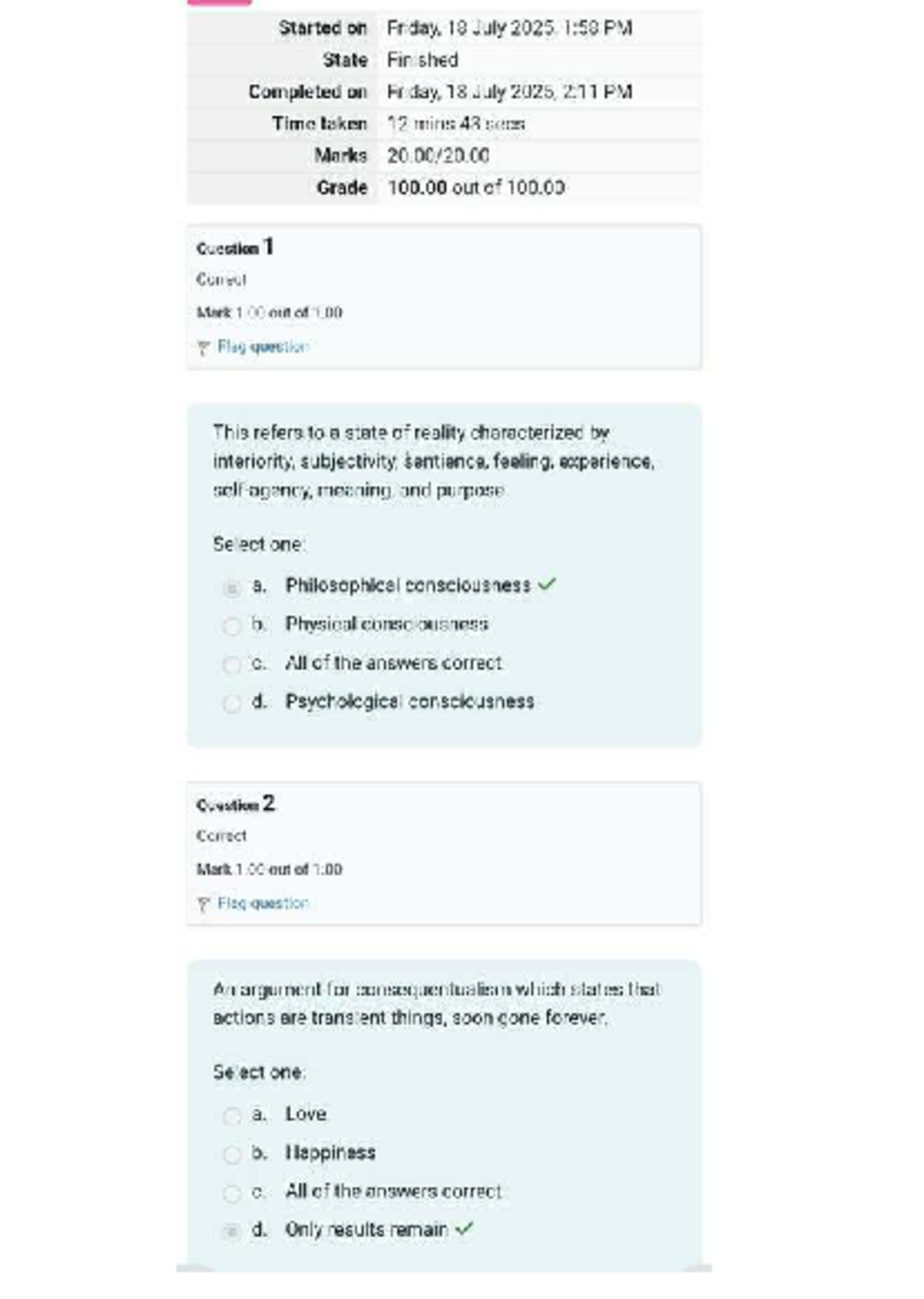 Philosophy Quiz - Course Code: PHIL101 - Completed on 18 July 2025 ...