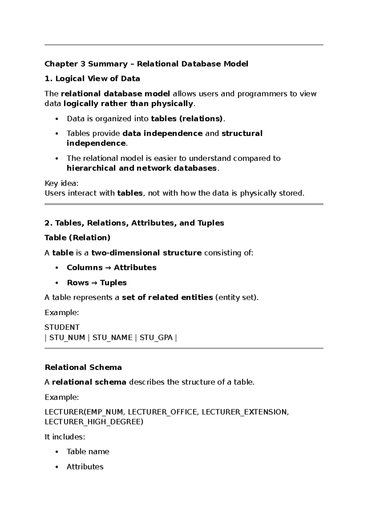 Chapter 3 Summary: Relational Database Model Insights - Studocu