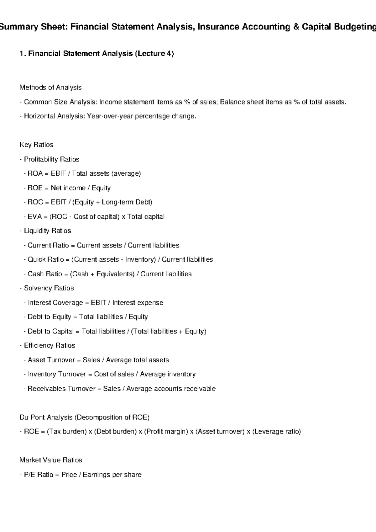 Final Summary Sheet: Financial Statement Analysis & Insurance ...
