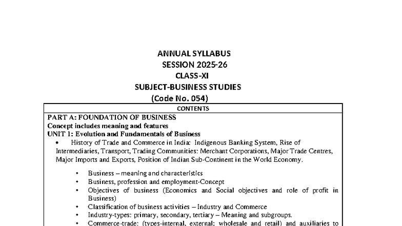 Business Studies Annual Syllabus (Code No. 054) for Mid Term & Final ...