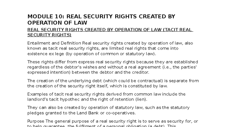 MODULE 10: Real Security Rights Created by Operation of Law - Studocu