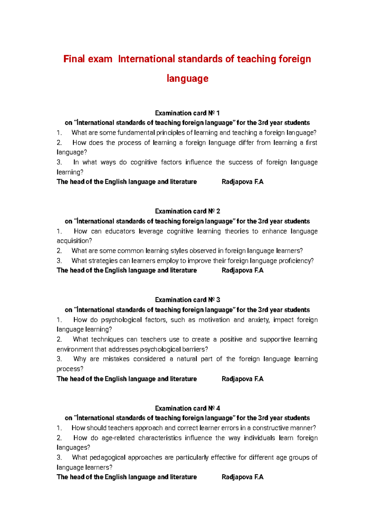 Final Exam: International Standards in Teaching Foreign Languages (3rd ...