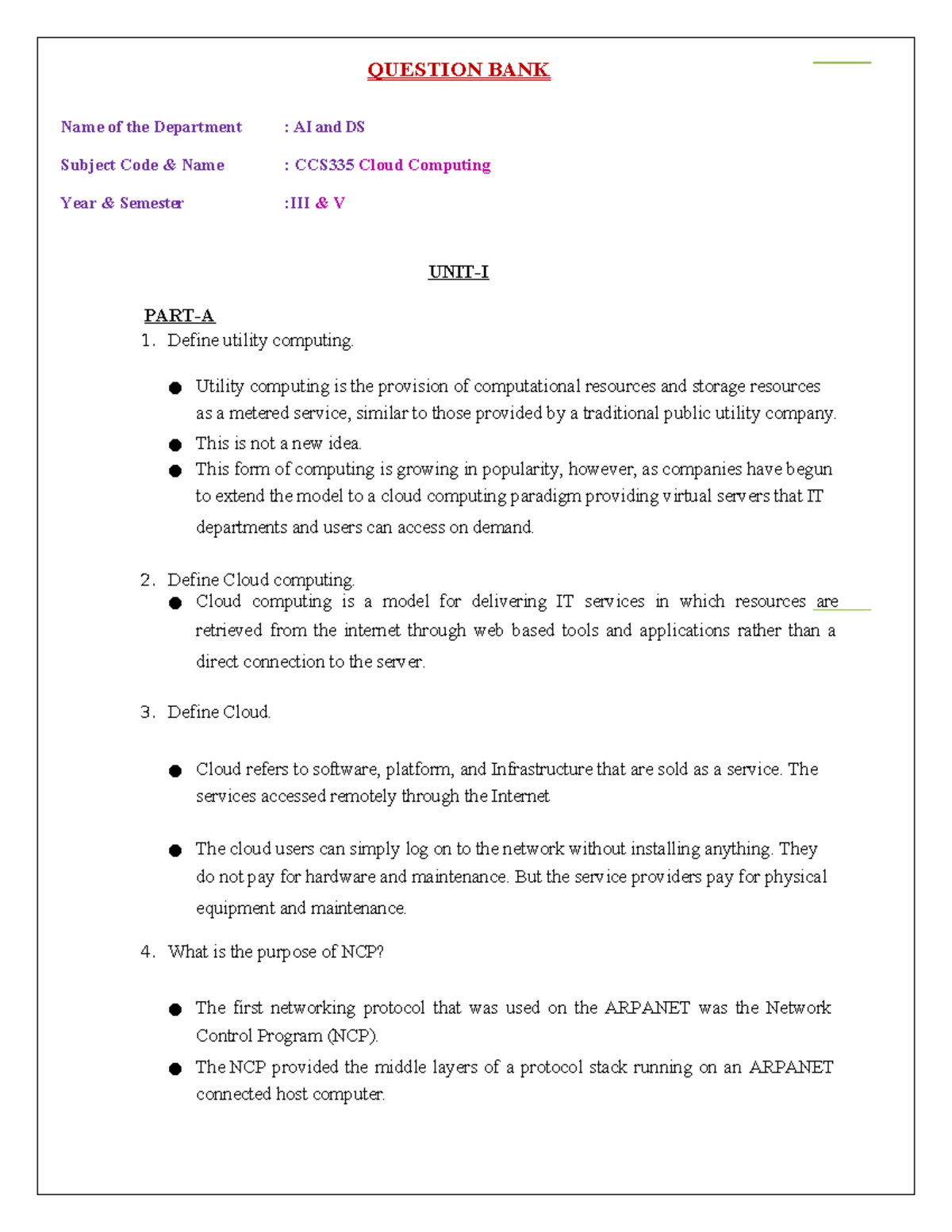 CCS335 Cloud Computing Question Bank for Semester V - Studocu