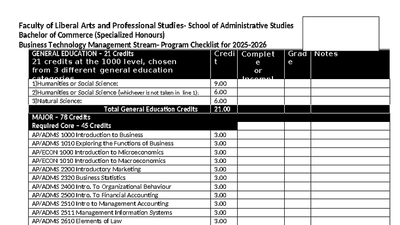 BCOM Business Technology Management Program Checklist for General Education - Studocu