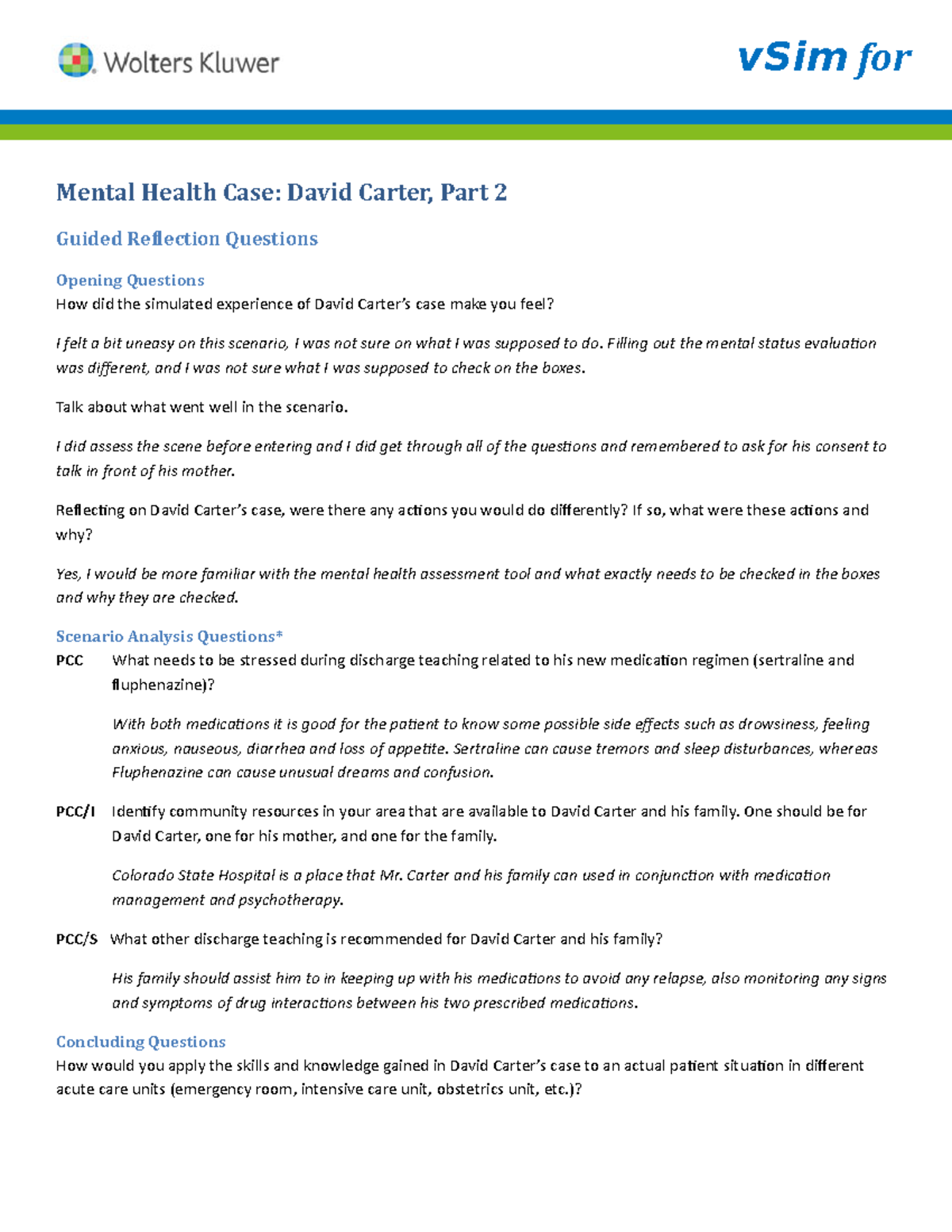 David Carter part 2 VSIM Psych - vSim for Mental Health Case: David Carter, Part 2 Guided ...