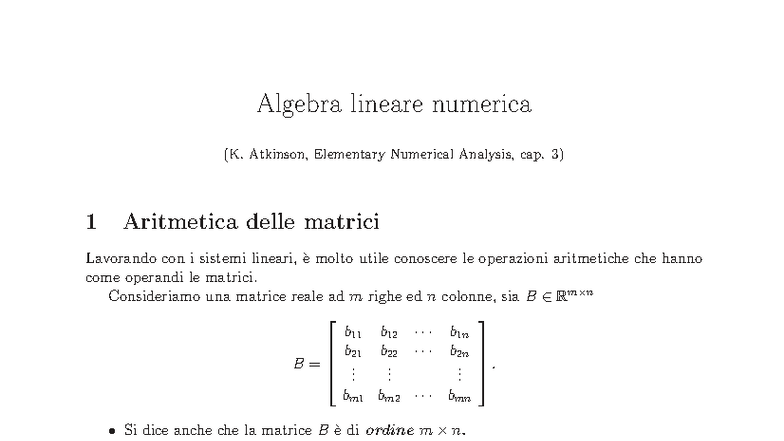 Algebra Lineare Numerica: Operazioni e Sistemi di Matrici - Studocu