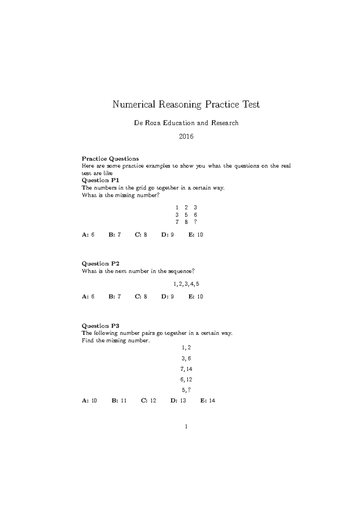 Numerical Reasoning Practice Test (Sample) - De Roza Education 2016 ...