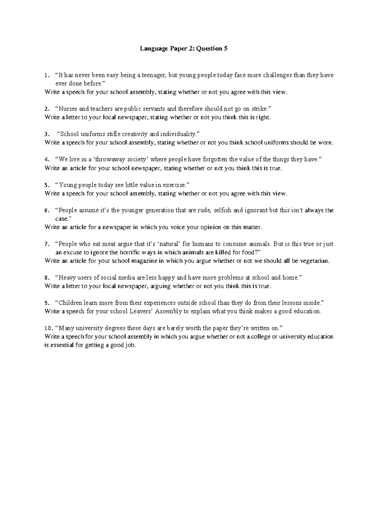 Language Paper 2 Q5: Debating School Uniforms and Social Issues - Studocu