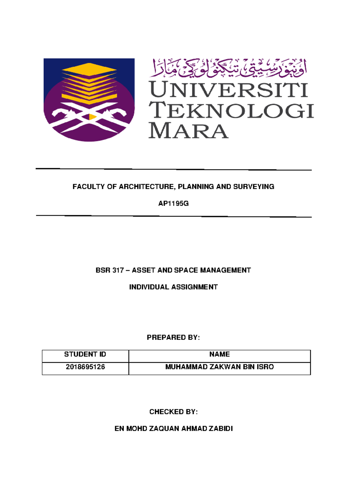 Individual assignment BSR317 - FACULTY OF ARCHITECTURE, PLANNING AND ...