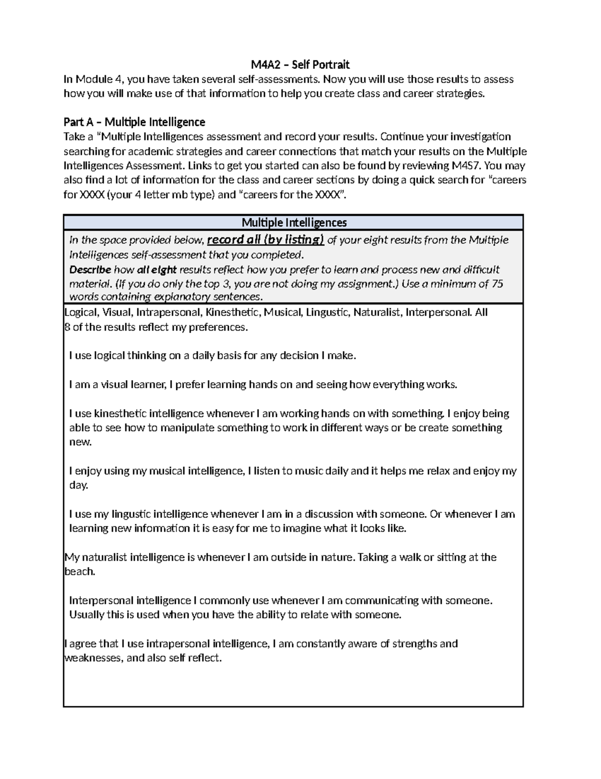 M4A2 - Self Portrait & Multiple Intelligences Assessment Insights - Studocu