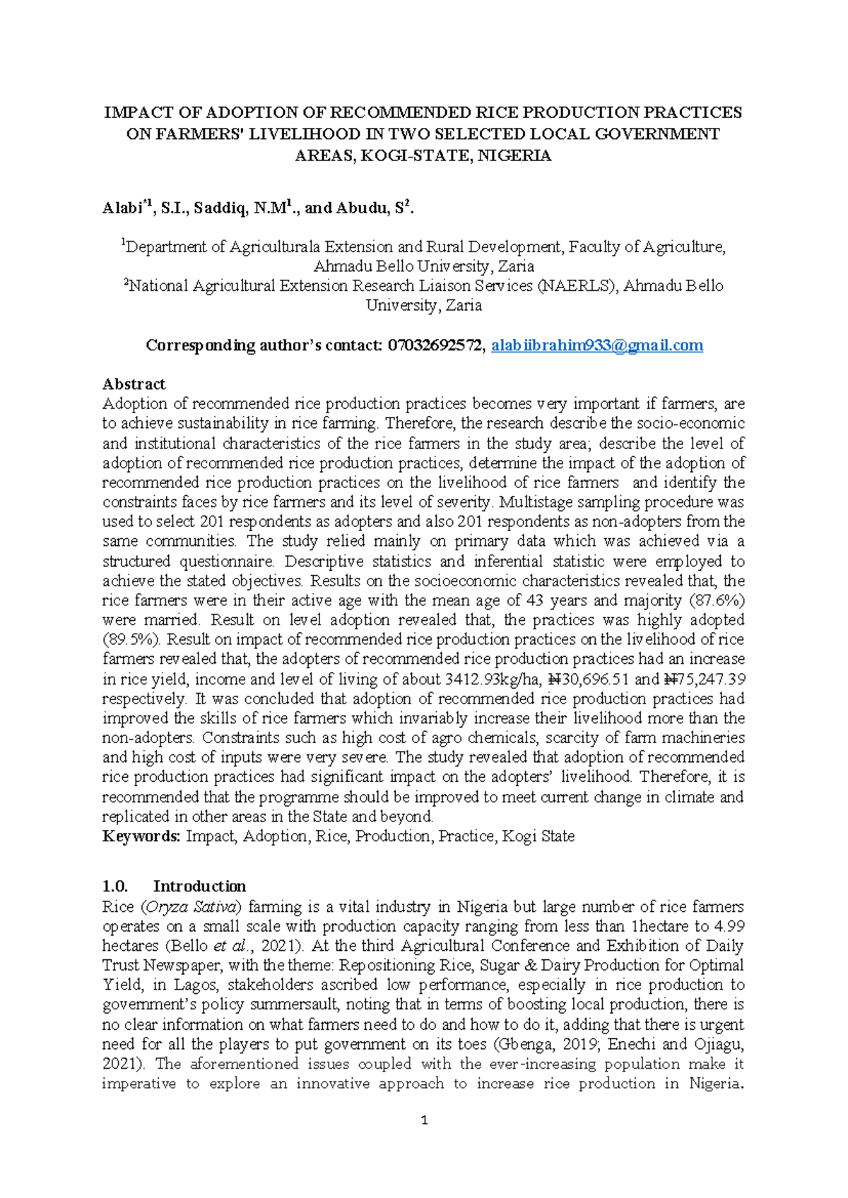 Impact of Adoption of Recommended Rice Production Practices on Farmers' - Studocu