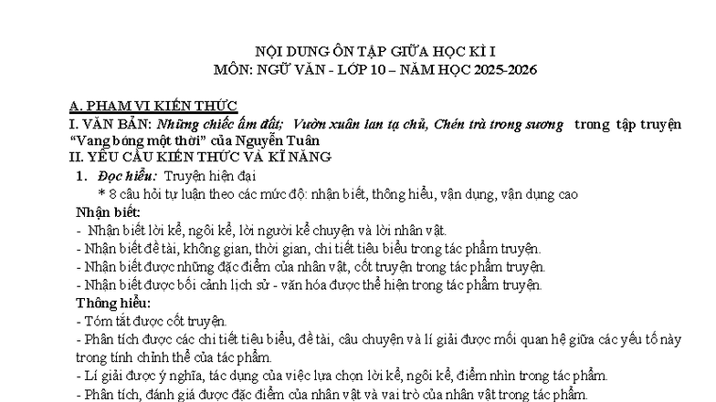 VĂN 10 - ÔN TẬP GIỮA HỌC KÌ I NĂM HỌC 2025-2026 - Studocu