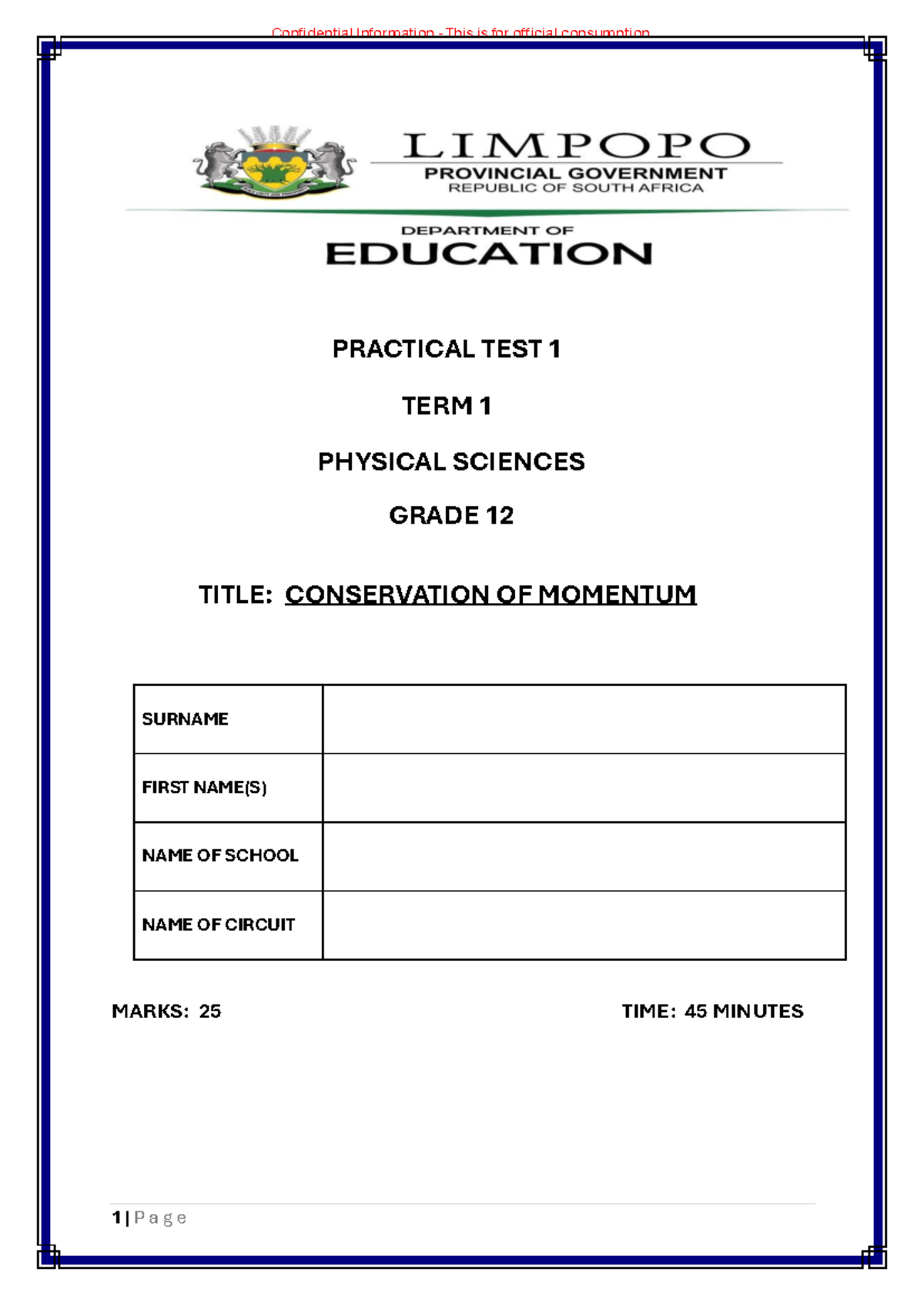 Grade 12 Physical Sciences Practical Test 1: Conservation of Momentum ...