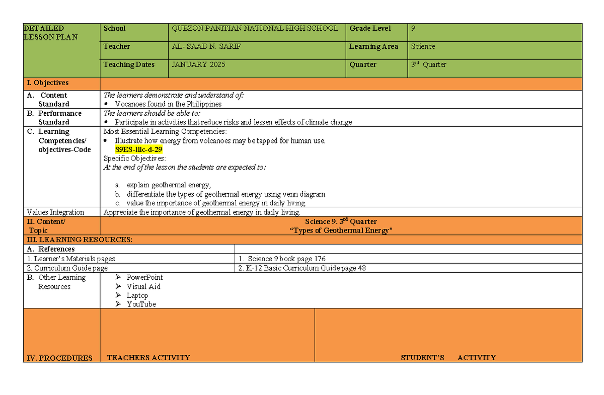 Al saad lesson plan - DETAILED LESSON PLAN School QUEZON PANITIAN ...