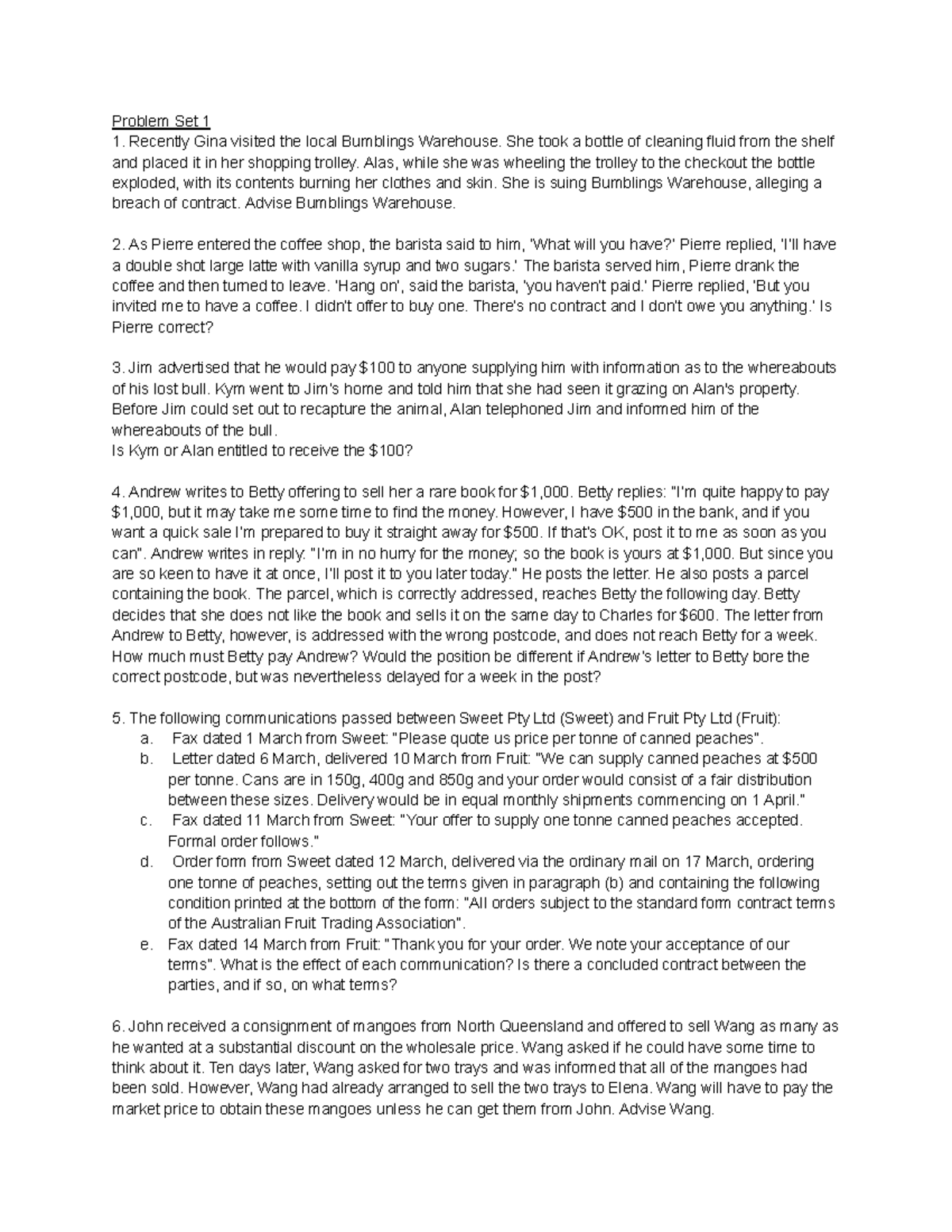 Contracts Practice Questions: Problem Set 1 to 8 Analysis and Advice ...