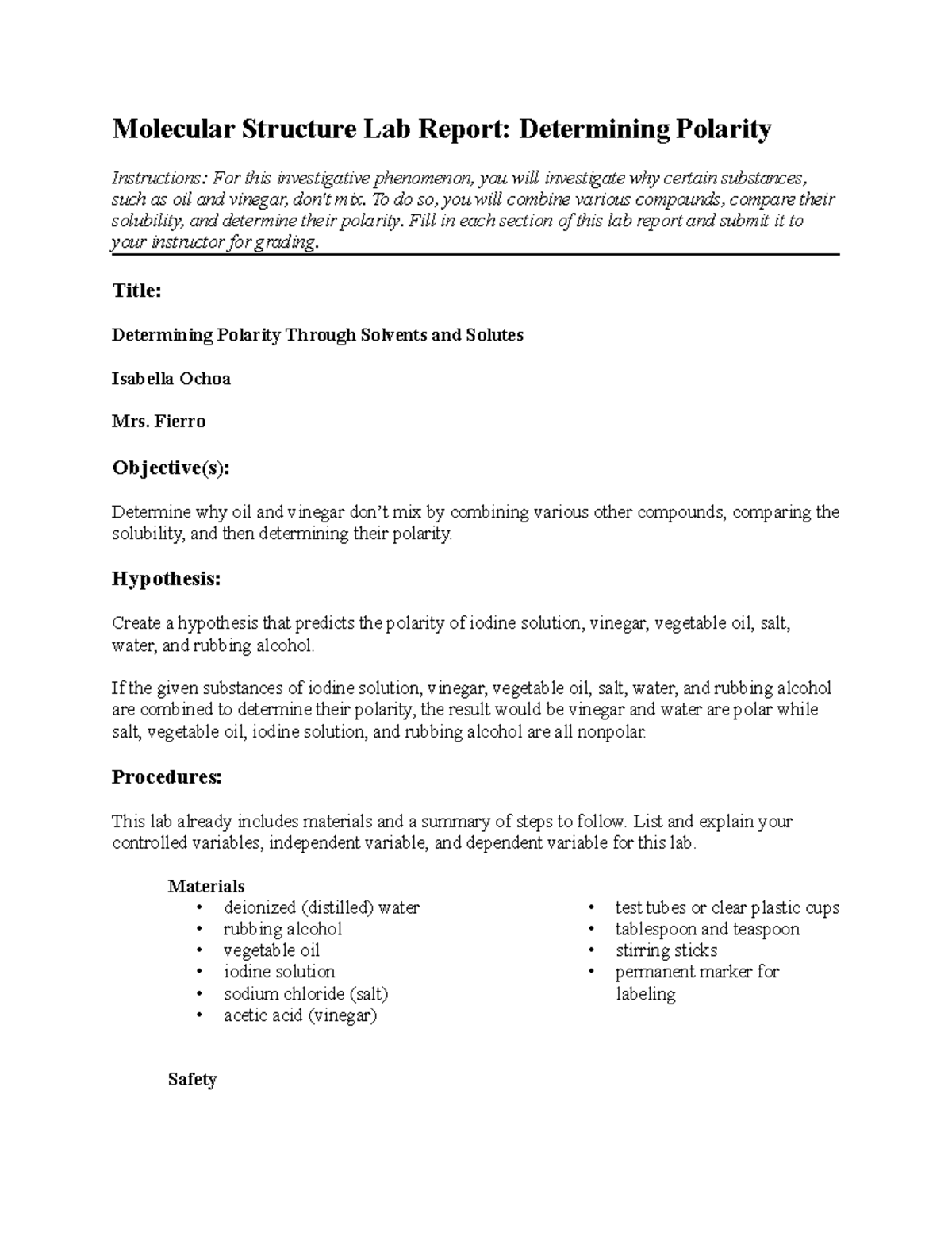 Module 3 Lab Report: Analyzing Molecule Polarity through Solvents - Studocu