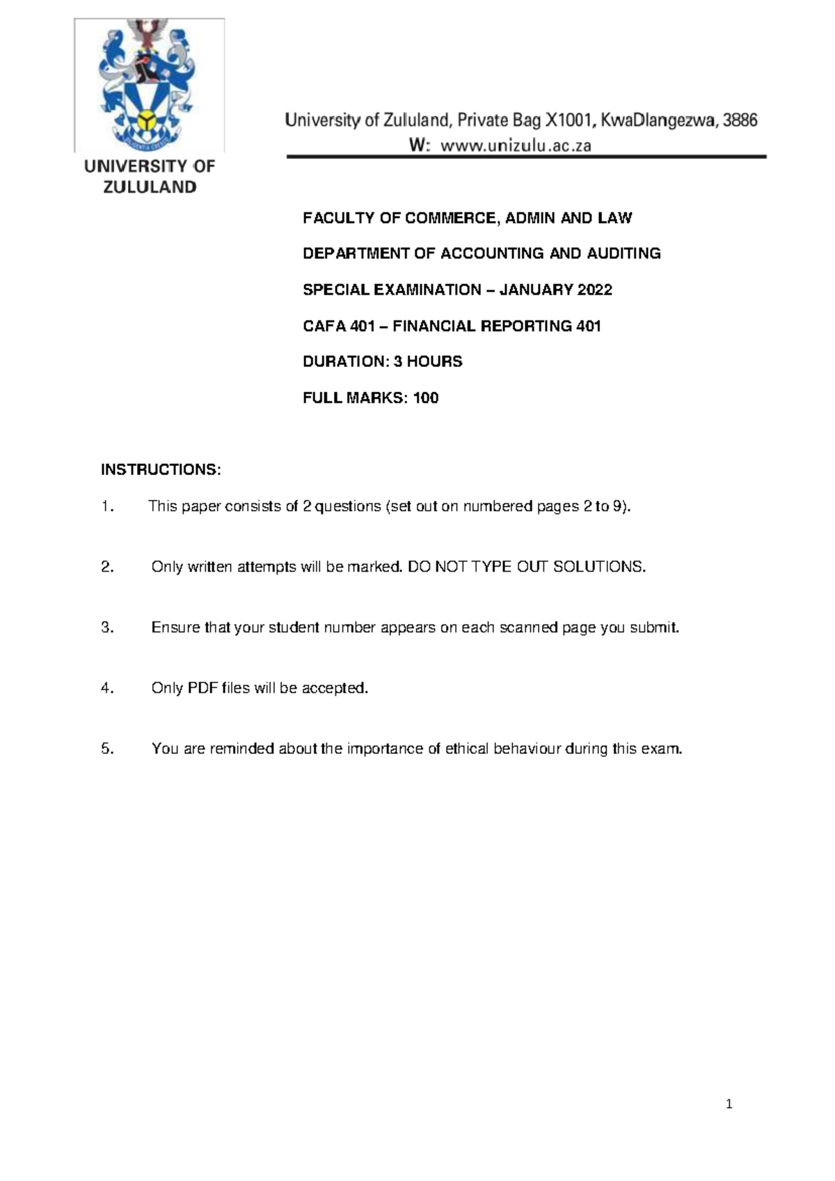 CAFA 401 Special Exam January 2022: Financial Reporting Analysis - Studocu