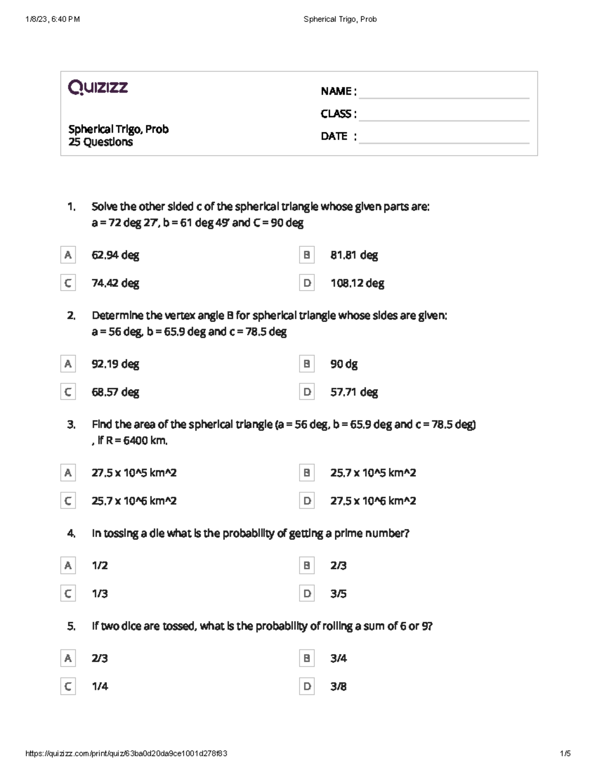 Spherical Trigonometry & Probability Practice Questions (SP-101) - Studocu