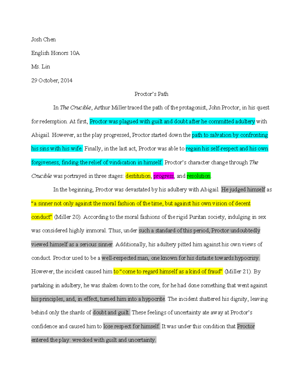 The Crucible John Proctor Essay - Josh Chen English Honors 10A Ms. Lin ...