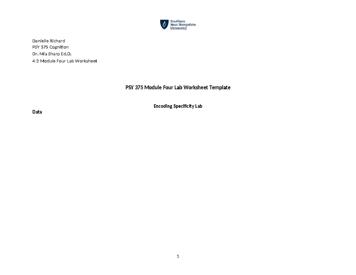 PSY 375 Final Lab Worksheet: Encoding Specificity & Levels of Processing - Studocu
