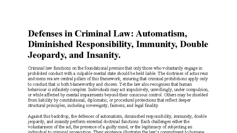 Criminal Law Defenses: Automatism, Insanity, and Double Jeopardy (CL ...