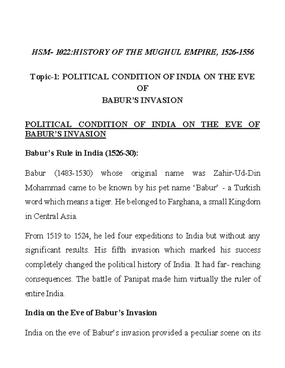 Political Condition OF India ON THE EVE OF Babur’S Invasion - HSM- 1022 ...
