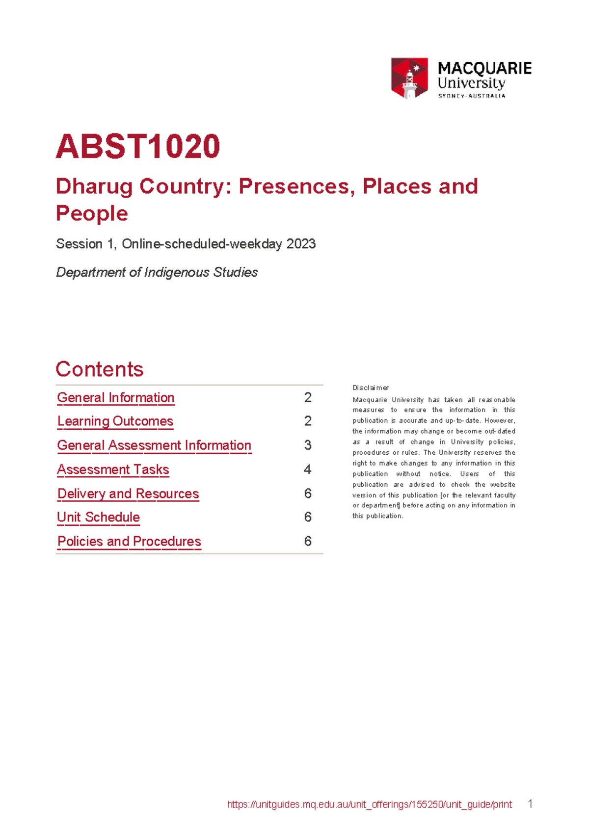 Unit Guide ABST1020: Dharug Country - Presences, Places & People 2023 ...