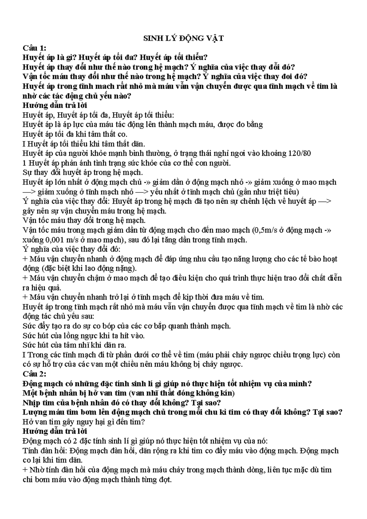 TỰ LUẬN NÂNG CAO SINH HỌC 11: Huyết áp, Động mạch và Tiêu hóa - Studocu