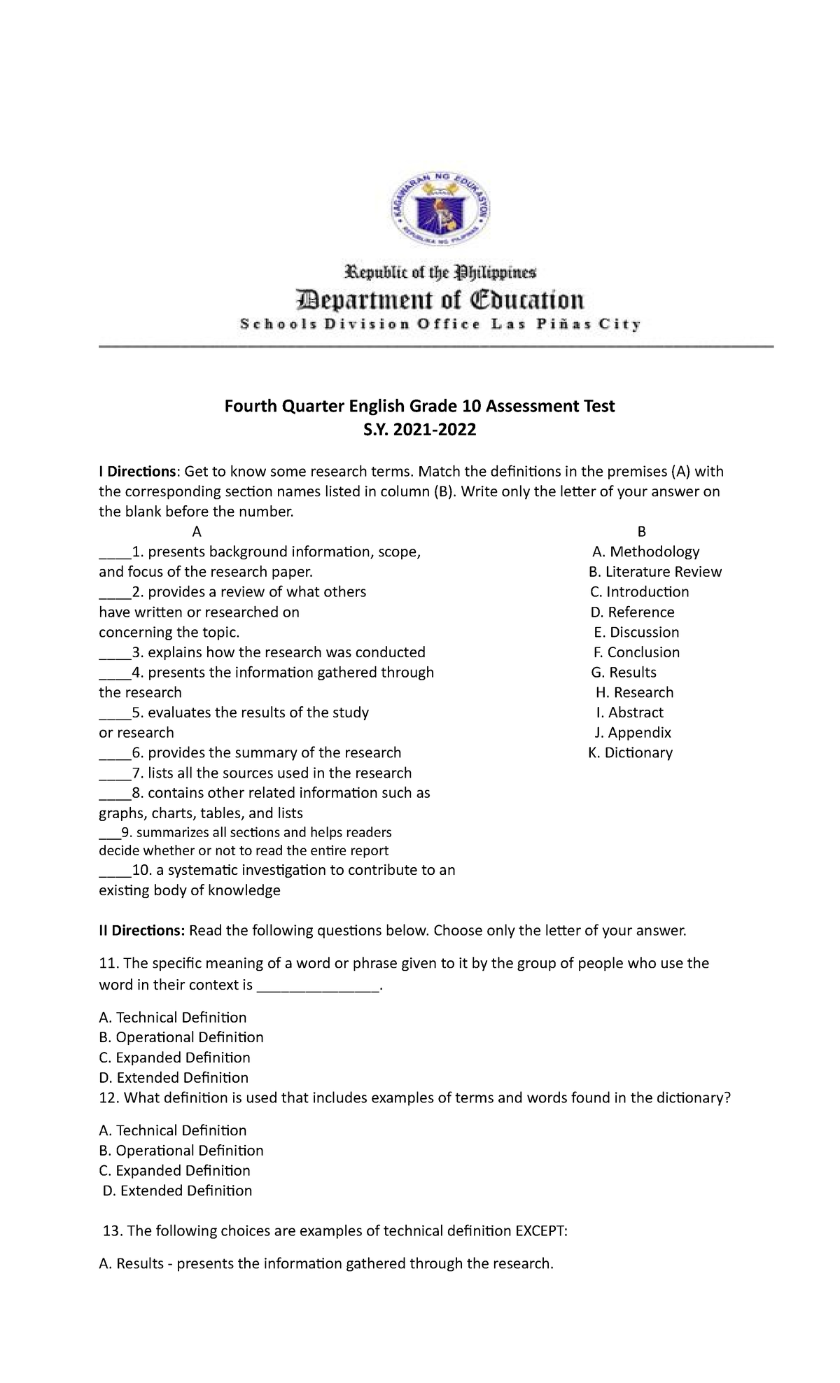 English 10 4TH Quarter Assessment Test - Research Terms & Definitions ...