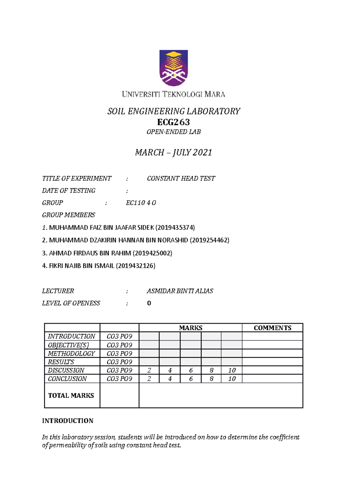 Constant HEAD TEST LAB Report - SOIL ENGINEERING LABORATORY ECG OPEN ...