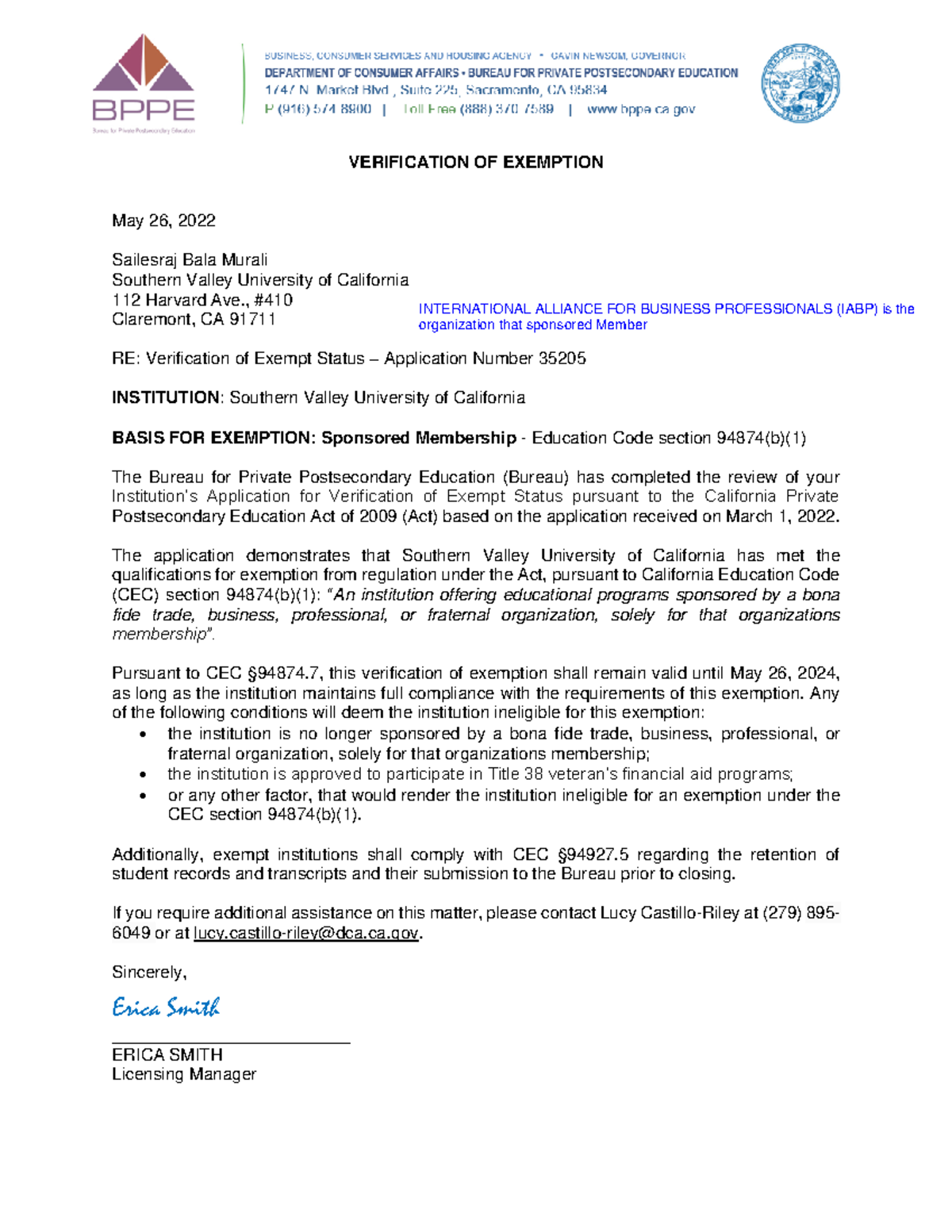 BPPE Exemption Letter 94874 - VERIFICATION OF EXEMPTION May 26 , 2022 ...