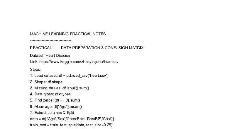 MACHINE LEARNING PRACTICALS NOTES: DATA PREP, REGRESSION ...