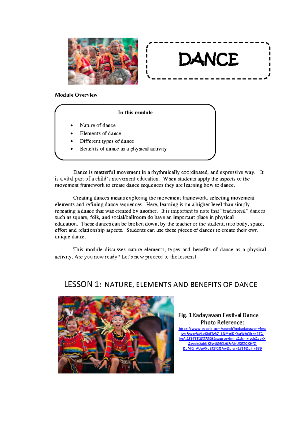 P.E 3- Module 1 lesson 1 - Module Overview Dance is masterful movement ...